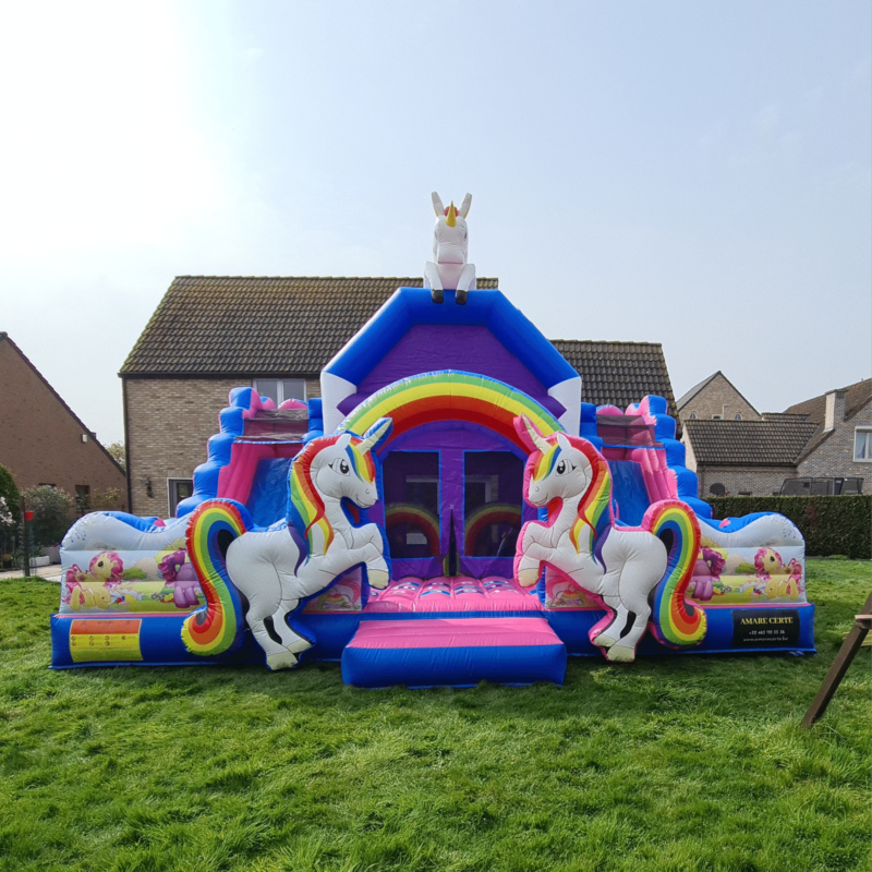 Eenhoorn springkasteel huren - kleurrijk betoverend springkasteel
